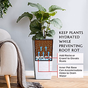 Mueller M-Resin Heavy Duty Tall Planter, Indoor/Outdoor Grande Plant, Tree, Flower Pot, 2-Piece Set, 24”, Modern Design, Built-in Drainage, White