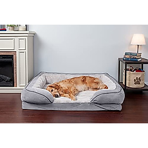 Furhaven Cooling Gel Dog Bed for Large Dogs w/ Removable Bolsters & Washable Cover, For Dogs Up to 95 lbs - Plush & Velvet Waves Perfect Comfort Sofa - Granite Gray, Jumbo/XL, 40.0"L x 32.0"W x 9.5"Th