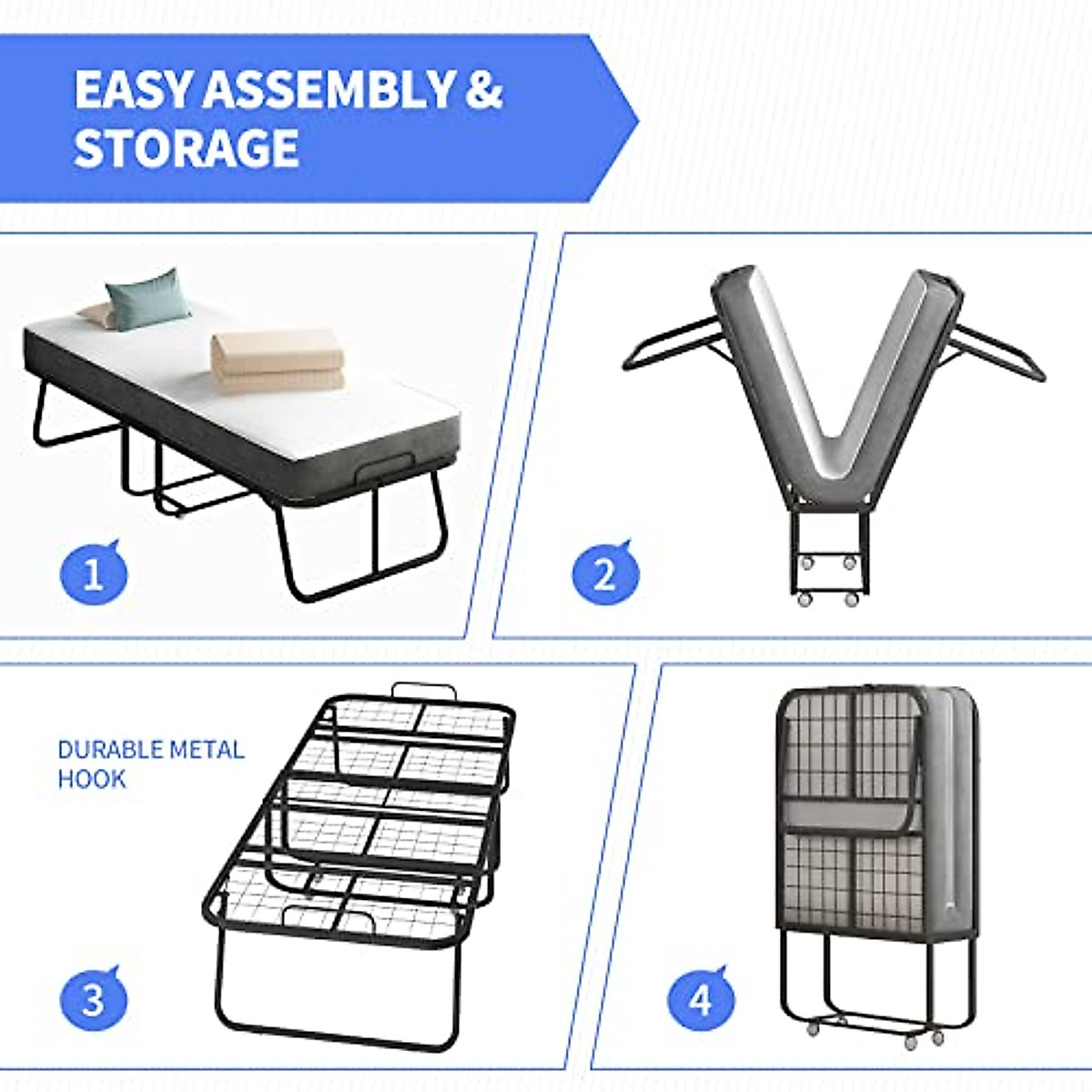 ZAFLY Folding Bed with 4 Inch Mattress,Rollaway Folding Guest Bed Fold Up Bed with Lockable Wheels,Space Saving Foldable Bed Portable Bed,Rollaway Bed with Folding Mattress for Adults,75 x 31 Inch
