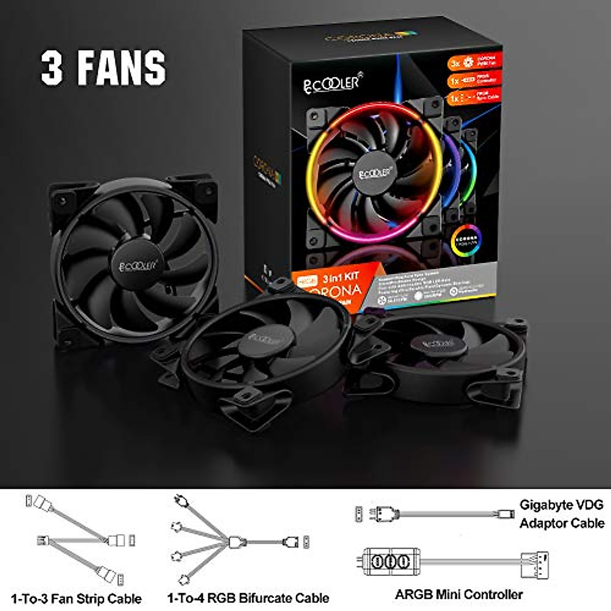 PCCOOLER 120mm Case Fan 3 Pack Computer Case Fans PWM Cooling PC Fans,Dual Light Loop Quiet Fan/Multiple Light Modes with Controller for PC Cases