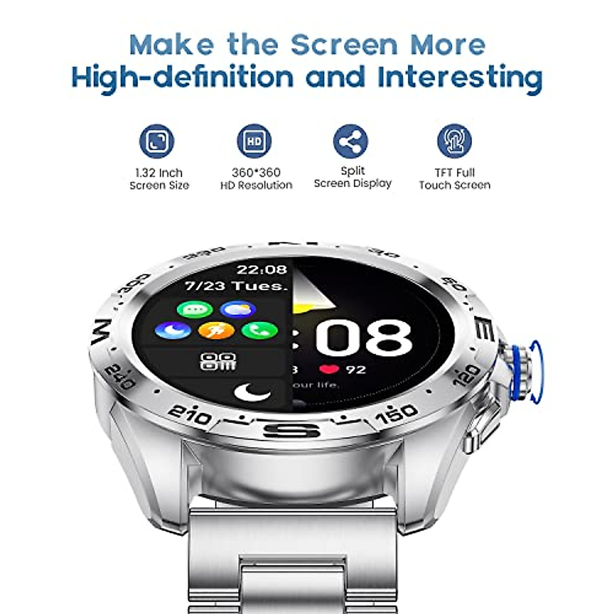 Smart Watches for Men, Smartwatches with Bluetooth Voice Call, 1.32" Touchscreen Smart Watch for Android iOS with Heart Rate/Sleep Monitor/20 Sports, IP67 Waterproof Split Screen Fitness Watch, Silver