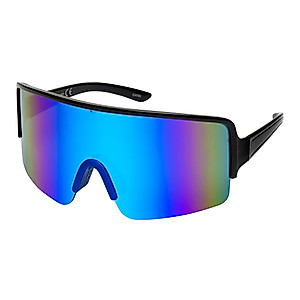 Oversized Mirrored Sunglasses Retro Reflective Non-Polarized 80s & 90s Sunglasses Vintage Visor Sunglasses Womens & Mens Shield Sunglasses (Blue Mirror)
