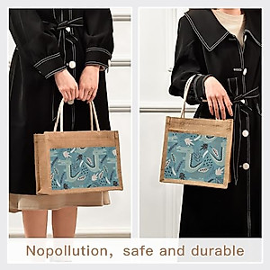 JUNZAN Crocodiles and Leaves Handdrawn Blue Jute Tote Bag Resuable Tote Set Big Bags For Women for Burlap Gift Canva Gift 16.9 x 12.6 Inch