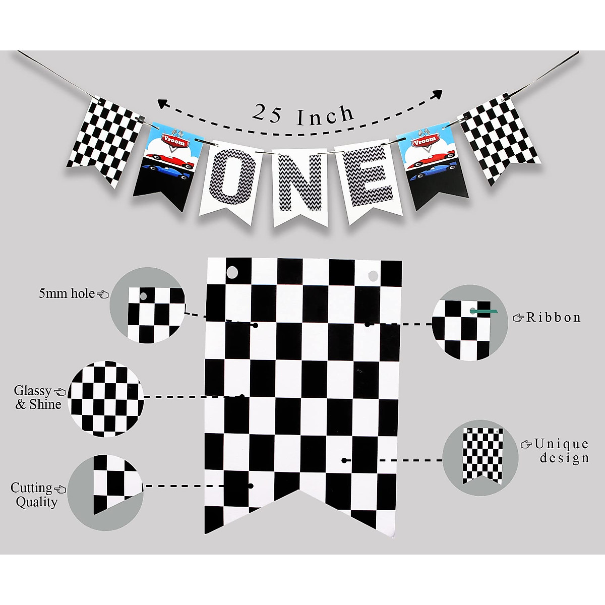 Race Car ONE Highchair Banner 1st Birthday Party Decoration Supplies for Kids Garland Decorations Baby Boy Checkered Pennant Cake Smash Milestone Photo Prop, Multi, 6.5 * 4.5 INCHES Flag