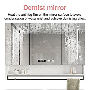 ZJIEX Medicine Cabinet, LED Bathroom Mirror Cabinet, Anti-Fog 32x28in Wall Mirror with Mirror Doors & Towel Bar, Multipurpose Storage Organizer (Color : Black, Size : 40x28in/100x70cm)