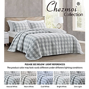 Chezmoi Collection 3-Piece Gray White Plaid Cotton Quilt Set - Buffalo Check Solid Reversible Bedspread - Pre-Washed Cotton Lightweight Coverlet, King Size