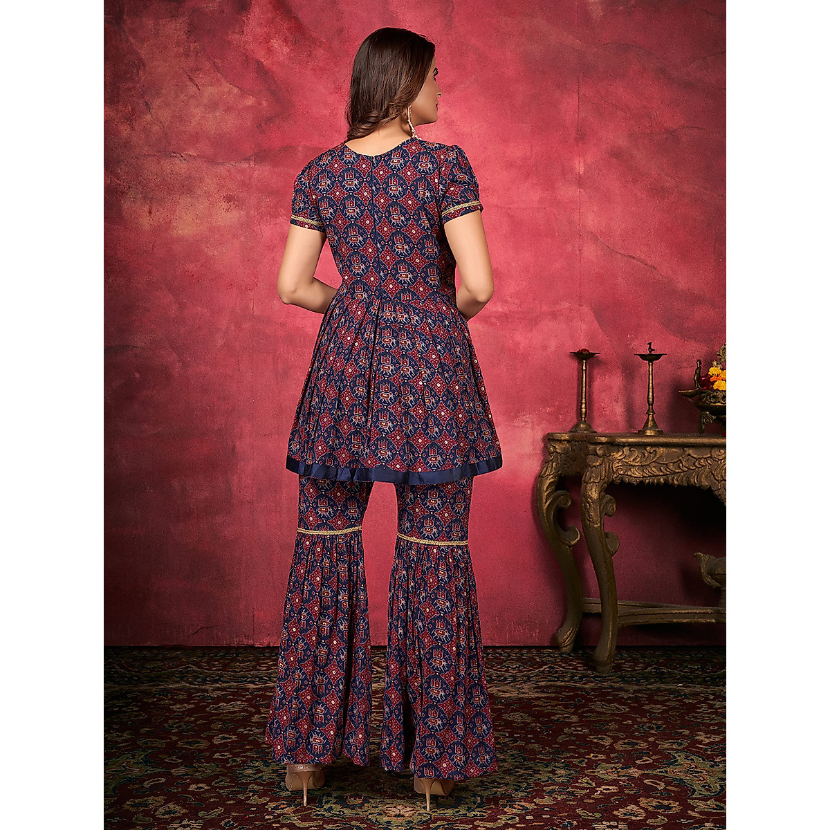 Indian Kurti for Womens With Pant | Foil Print Kurta Partywear Kurtis For Women Tunic Set Blue