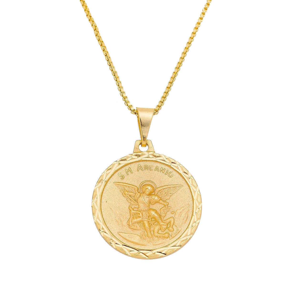 Tudo Jóias 18k Unisex Gold Plated Saint Michael Archangel Medal Pendant and Box Necklace 23.6 inches Made in Brazil