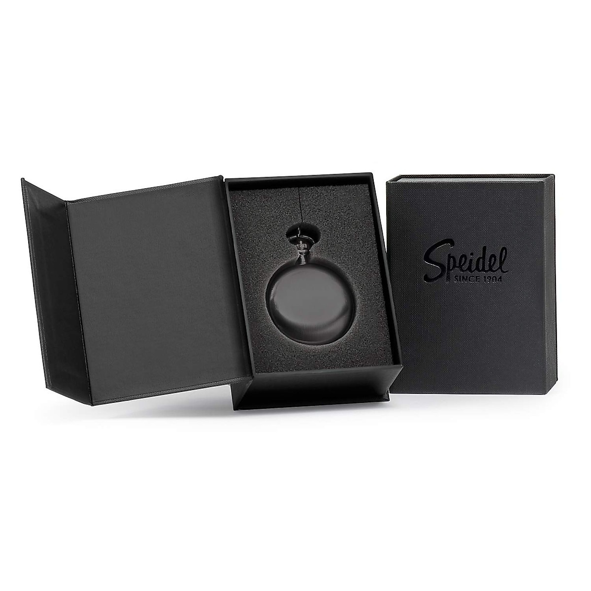 Speidel Classic Brushed Satin Black Pocket Watch with 14" Chain, Black Dial, Seconds Hand, Day and Date Sub-Dials