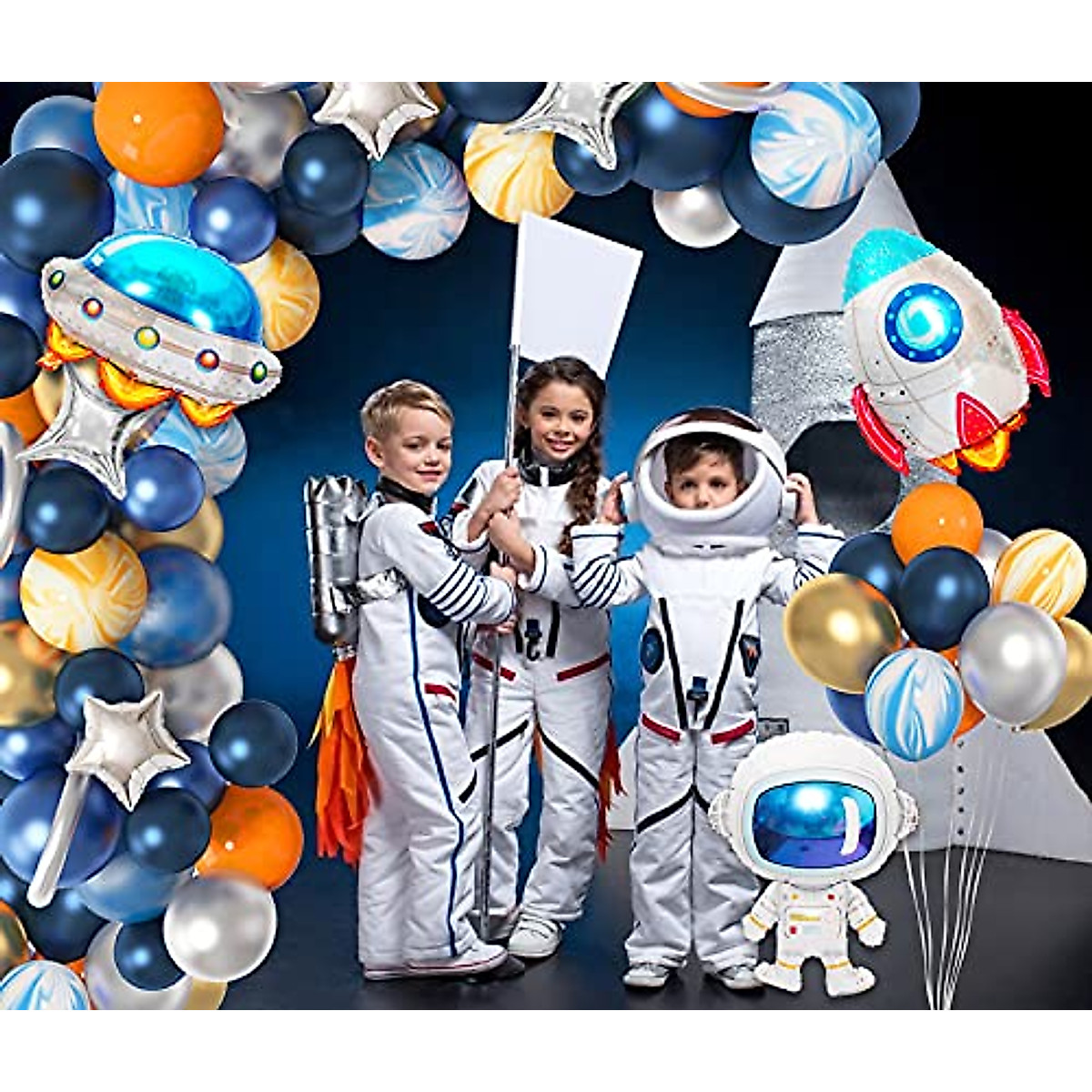 Ouddy Party 112PCS Outer Space Party Decorations Balloon Garland Kit, Space Birthday Party Supplies UFO Rocket Astronaut Navy Blue Silver Foil Latex Balloons for Boys Kids