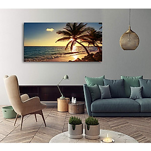 Muolunna S04975 Wall Art Decor Large Canvas Print Picture Sunset Ocean Beach Waves 1 Panel Coconut tree Scenery Painting Artwork for Office Home Decoration Stretched and Framed Ready to Hang XLarge