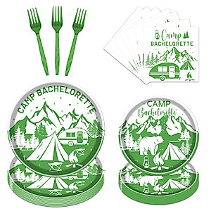 Refavor Camp Bachelorette Party Decorations - 96PCS Camping Bachelorette Plates and Napkins Forks Disposable Mountain Camp Tableware Set Bachelorette Bridal Shower Engagement Party Supplies Serve 24