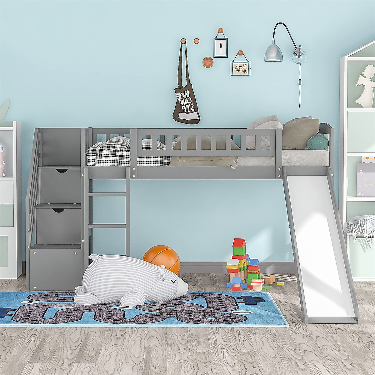 Harper & Bright Designs Twin Loft Bed with Slide for Kids, Wood Slide Loft Bed with Stairs and Built-in Ladder, No Box Spring Needed,Grey