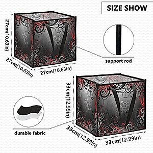 Blueangle Black Red Floral Cube Storage Bin with Handles, 10.6 x 10.6 x 10.6 in, Large Collapsible Organizer Storage Basket for Home Décor（158）