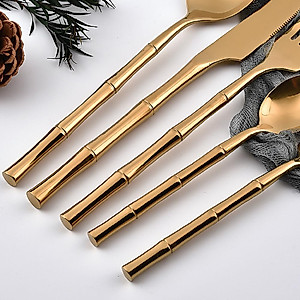 60 Piece Bamboo Shaped Flatware Set Service for 12, 18/10 Stainless Steel Rose Gold Bamboo Handle Silverware Cutlery Set For Home Kitchen Hotel Utensils, Mirror Polished, Dishwasher Safe