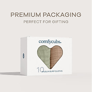 Comfy Cubs Muslin Burp Cloths 20" x 10", Pack of 10 - Large, 6-Layer, Ultra Absorbent 100% Cotton for Baby Drool and Messes - Soft, Safe & Gentle Baby Burp Cloths for Boys & Girls - Multi