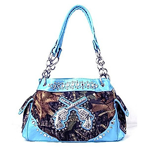 Western Handbag Camouflage Gun Pistol Pocket Camo Rhinestone Purse With Matching Wallet (BLUE)