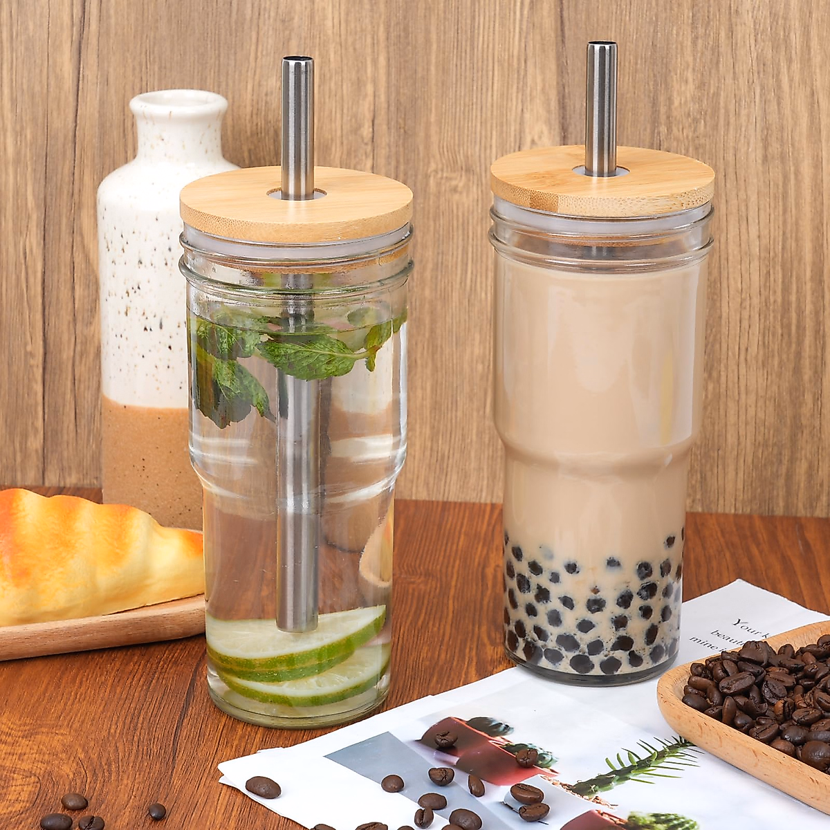 Moretoes 2pcs 24oz Glass Cups with Lids and Straws, Glass Iced Coffee Cups Cute Travel Tumbler Cup, Drinking Jars Set Reusable Boba Bottle for Jumbo Smoothie, Cold Brew, Soda, Juice