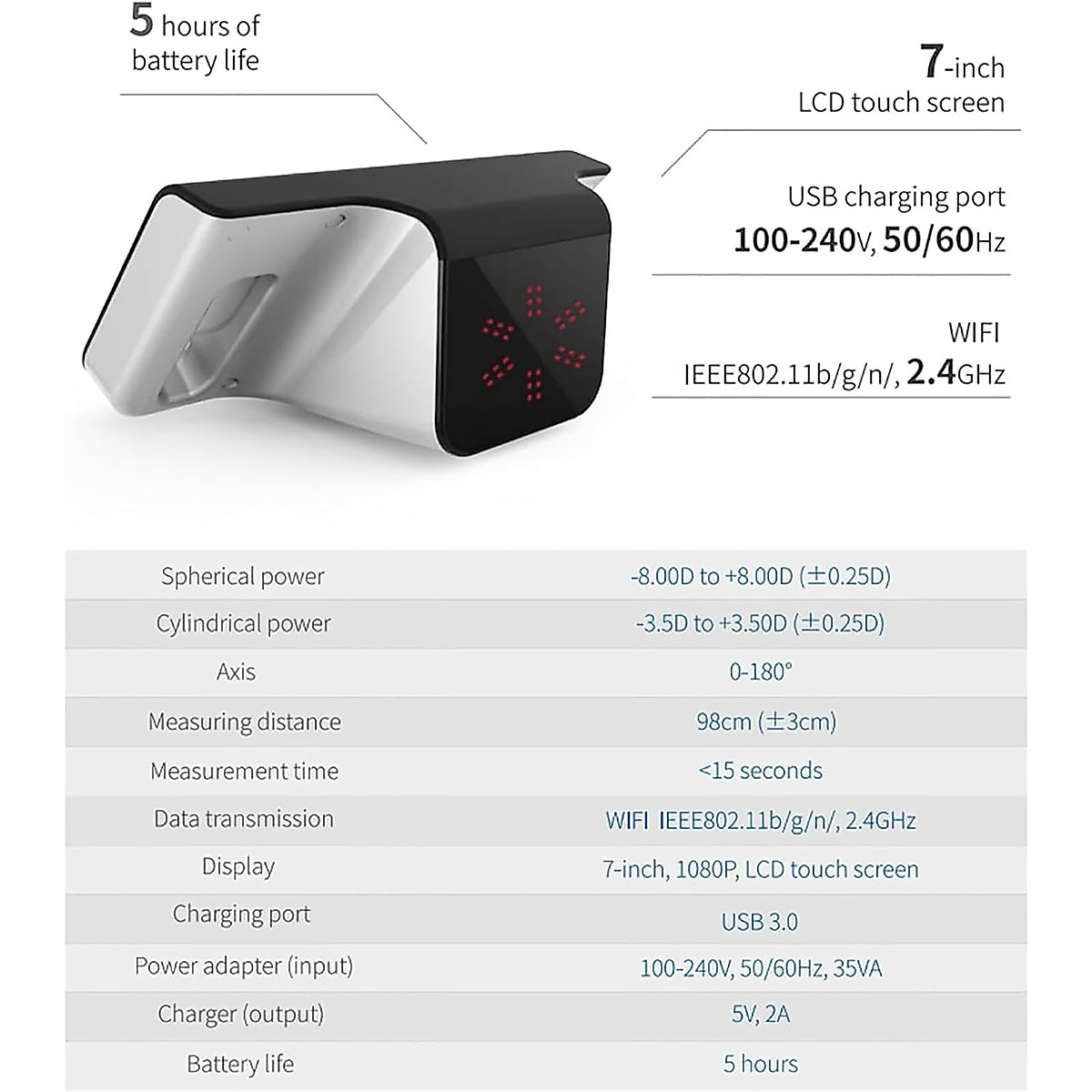 HYYKEJI 7 Inch Ophthalmology Vision Screener, Portable Auto Refractor, with Data Storage Function, 98CM Measuring Distance, 0-180° Axis Number, Touch Screen, for Optic Ophthalmic Equipment