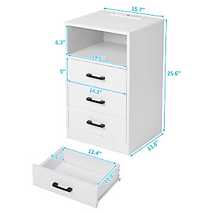 Karl home 3 Drawers Nightstand with Wireless Charging Station for Bedroom, Bedside Table with LED Lights and Storage, End Table for Living Room, AC Outlets USB Ports, Bed Side Table, White