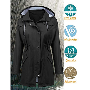Women Lightweight Ladies Warm Travel Coat Outdoor Windbreaker with Pockets Outdoors Coat for Adults Waterproof Rain Jacket Black XL