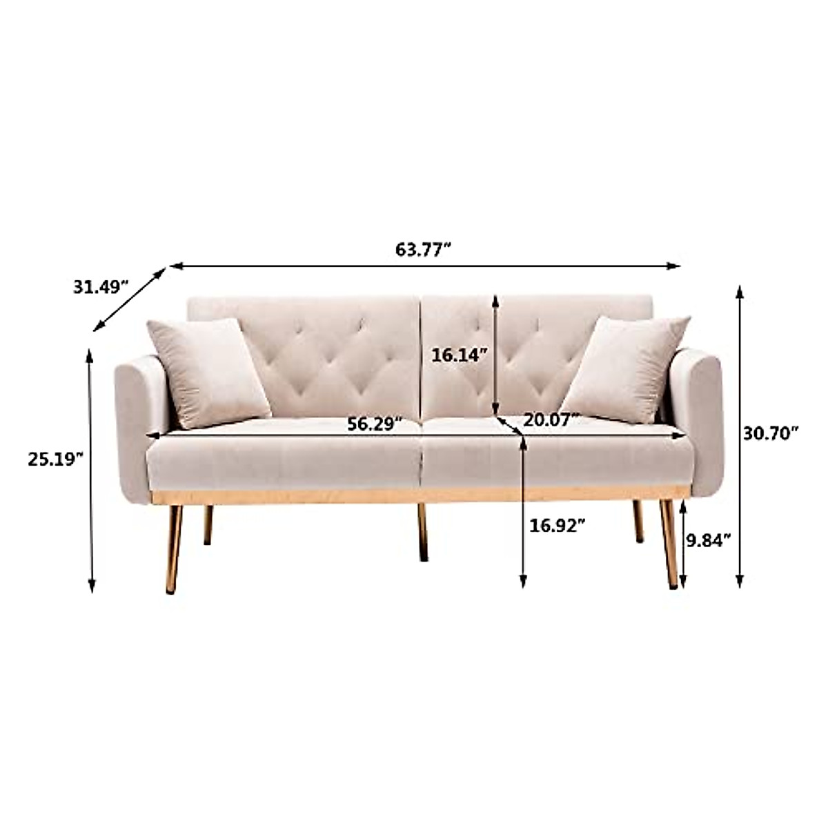 Woanke, Mid Century Velvet Fabric, Modern Folding, Convertible Futon Bed, Recliner Couch Accent Loveseat Sofa with Rose Gold Metal Feet, Beige