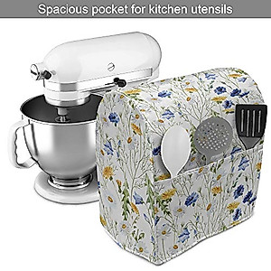 Ambesonne Flower Stand Mixer Cover, Wild Flowers Poppies and Daisies Rural Nature Scenery in Meadows Rustic, Kitchen Appliance Organizer Bag Cover with a Pocket, 6-8 Quarts, Yellow White