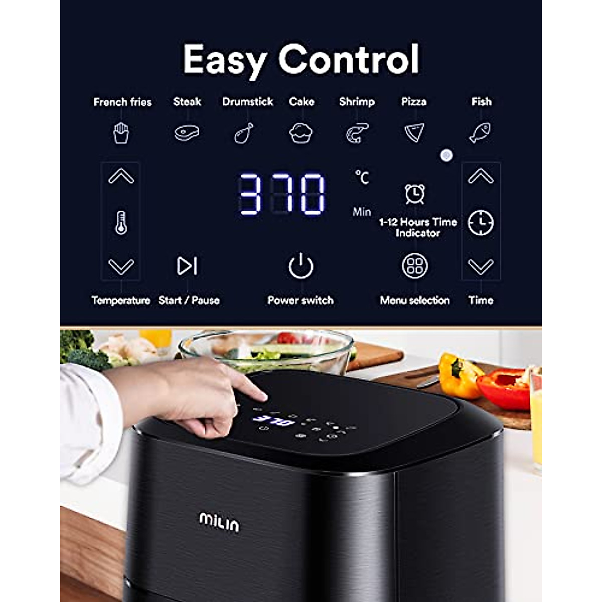 Air Fryer, Milin 1700w XL Air Fryer with 100 Recipes Cookbook, LED Touch Screen Electric Hot Air Fryer Oven with 7 Presets, 5.8 QT Digital Air Fryer with 7 Presets, Non-stick Oilless Cooker
