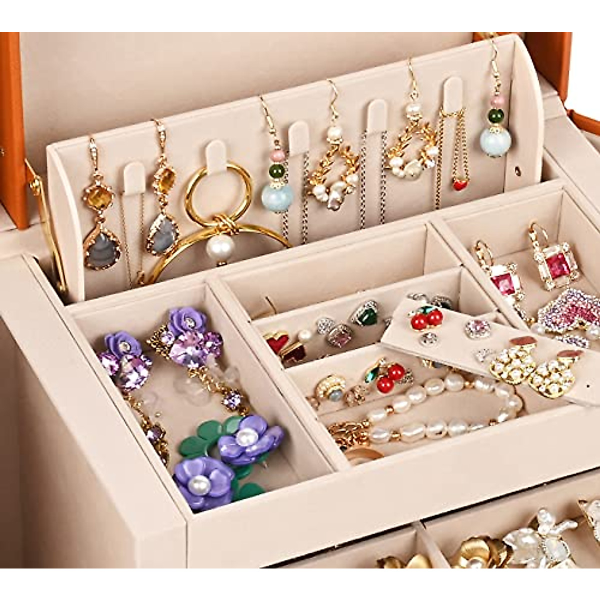 SANSREPONSE Jewelry Box Large Organizer Faux-Leather with Mirror Drawers Lock Gift for Women (TF Blue-L)