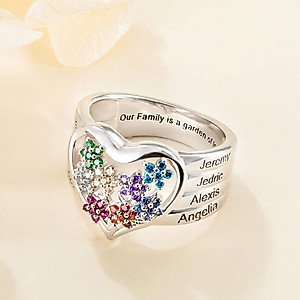Custom Heart Mother Rings 925 Sterling Silver Personalized 1-8 Names and Birthstones Rings For Women Engraved Garden Flower Ring Family Love Jewelry Birthday Gifts For Mom Grandmother Mama Wife
