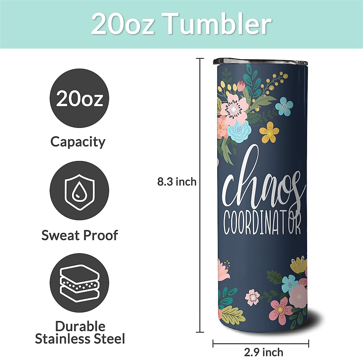 owbgsdh 20 oz Chaos Coordinator Skinny Tumblers with Lid and Straw, Stainless Steel Vacuum Insulated Travel Coffee Mug Cup Water Bottle, Thank You Gifts for Teacher, Women, Mom, Coworker