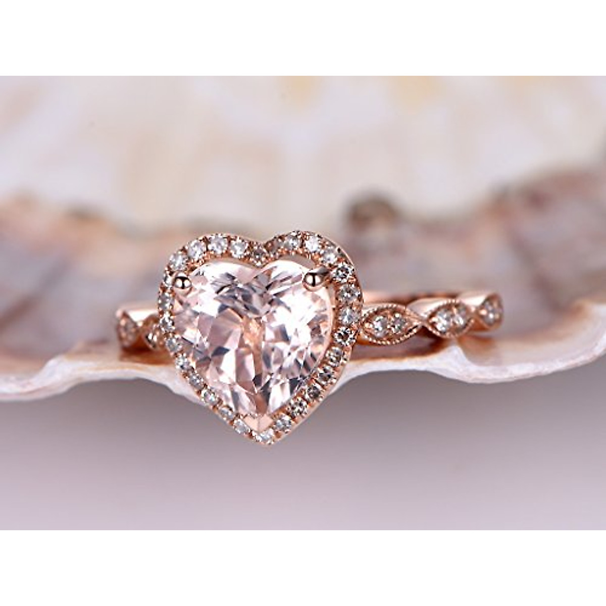 8mm Heart Shaped Cut Pink Morganite 14k Rose Gold Diamond Halo Marquise Engagement Ring Wedding Band