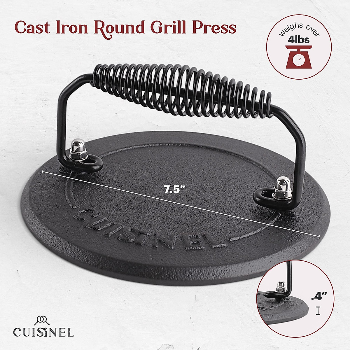 Pre-Seasoned Cast Iron Skillet 2-Piece Set (10-Inch and 12-Inch) Oven Safe Cookware + Grill Press - Cast Iron Burger Press for Bacon, Steak and Smashed Hamburgers - 7.5"-inch Diameter Round