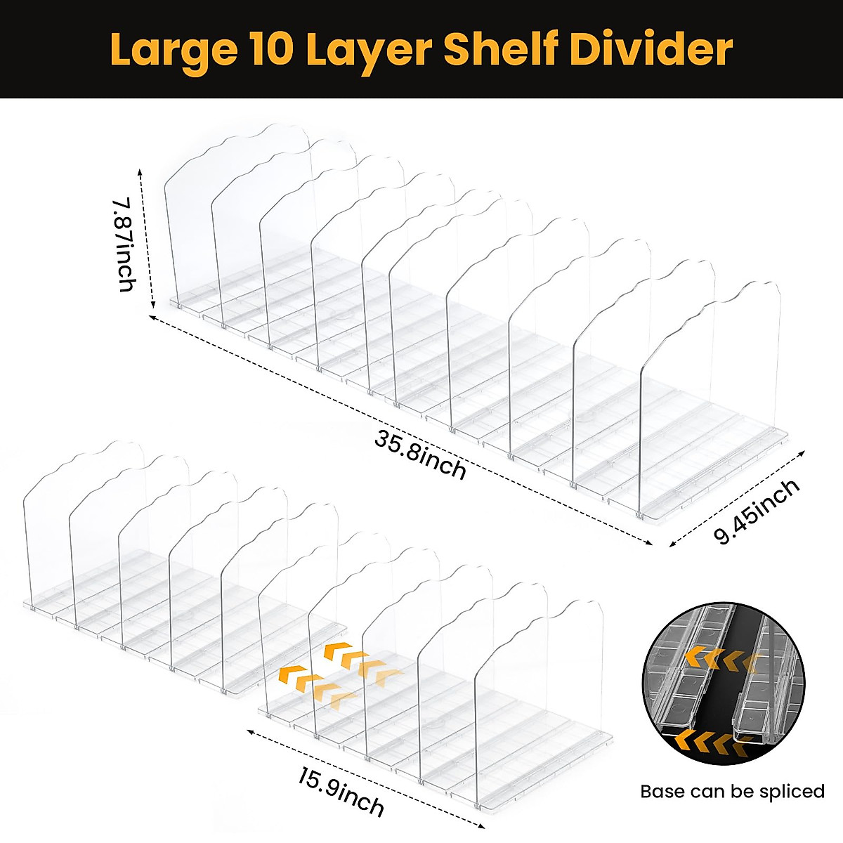CINPIUK Adjustable Closet Shelf Divider Acrylic Purse Organizer for Closet, Clear Handbag Shelf Dividers, Detachable Separator Rack for Bedroom, Kitchen, Office, Bathroom, 10 Compartments