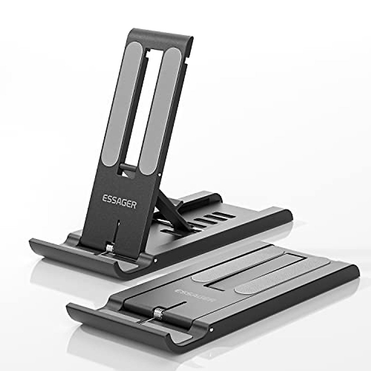 ESSAGER 2 Pack Foldable Mini Cell Phone Stand, Adjustable Mobile Phone Holder for Desk Compatible with iPhone/Kindles/Smartphones (Black)