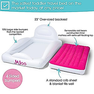 J&JOO Inflatable Toddler Travel Bed with Safety Bumpers & Backrest, Portable Kids Air Mattress for Travel, Camping or Hotels, Includes High Speed Pump, Pink, (Pink)