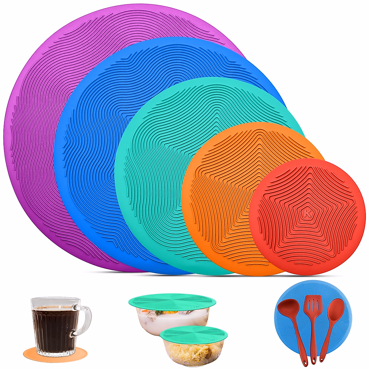 KooMall 12 10 8 6 4 Inch Multi-Purpose Microwave Mat, as Trivet, Pot Holders, Food Cover, Cup Lids, Drying, Place Mat, Utensils Rest, Heat Pad for Hot Pot Pans Bowls Plates Dishes Kitchen Counter