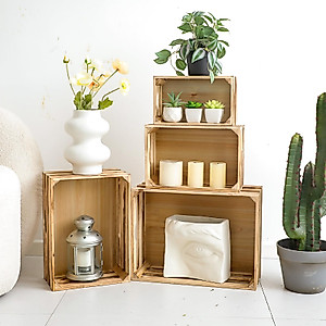 JUMBO HUMBLE Large Torched Wood Storage Crates Decorative, Set of 4 Nesting Wooden Crates for Display Rustic, Farmhouse Wooden Storage Container Boxes Made from 100% Wood