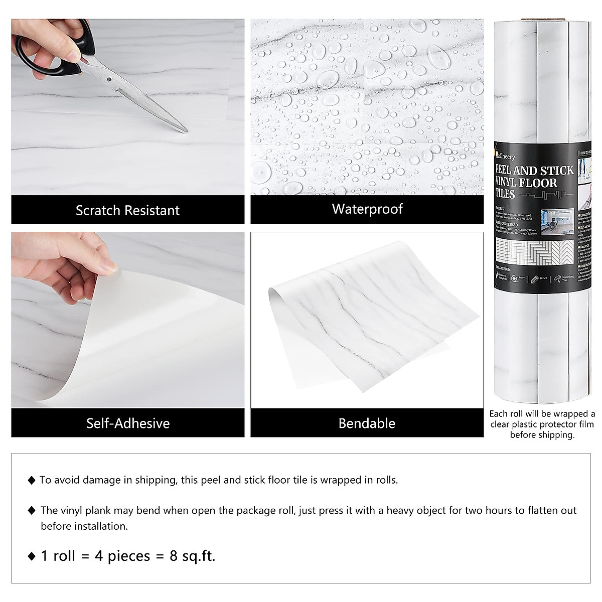 LaCheery Grey White Peel and Stick Floor Tile Marble 12x24 Inch Self Adhesive Vinyl Floor Tiles Peel and Stick Waterproof Removable Floor Tiles for Bathroom Kitchen Flooring Tiles Peel and Stick 4 PCS