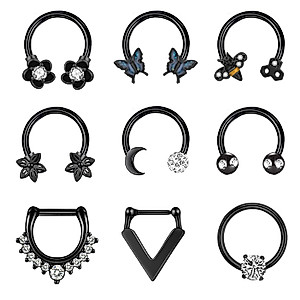 NICEIGHT 9PCS 16G Sugical Steel Horseshoe Septum Rings for Women Cartilage Hoop Helix Tragus Daith Piercing Bee Sunflower Body Jewelry B