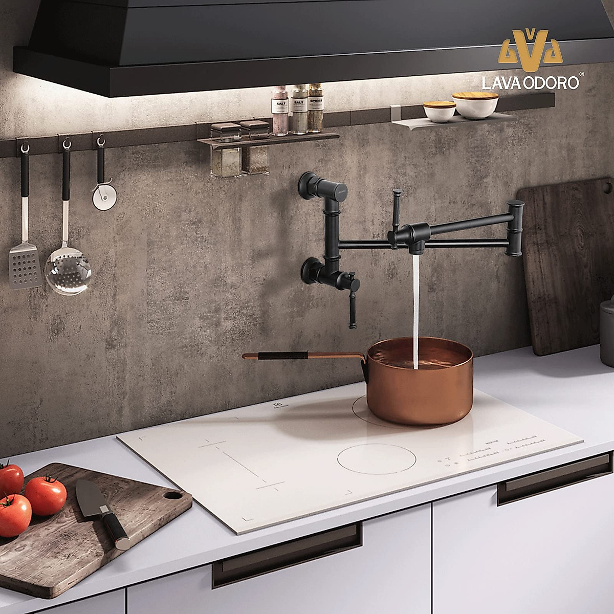 Lava Odoro Matte Black Pot Filler Faucet, Two Attachment Pot Filler, Contemporary Wall Mount Folding Kitchen Pot Filler with Swing Arm, PF312-MB