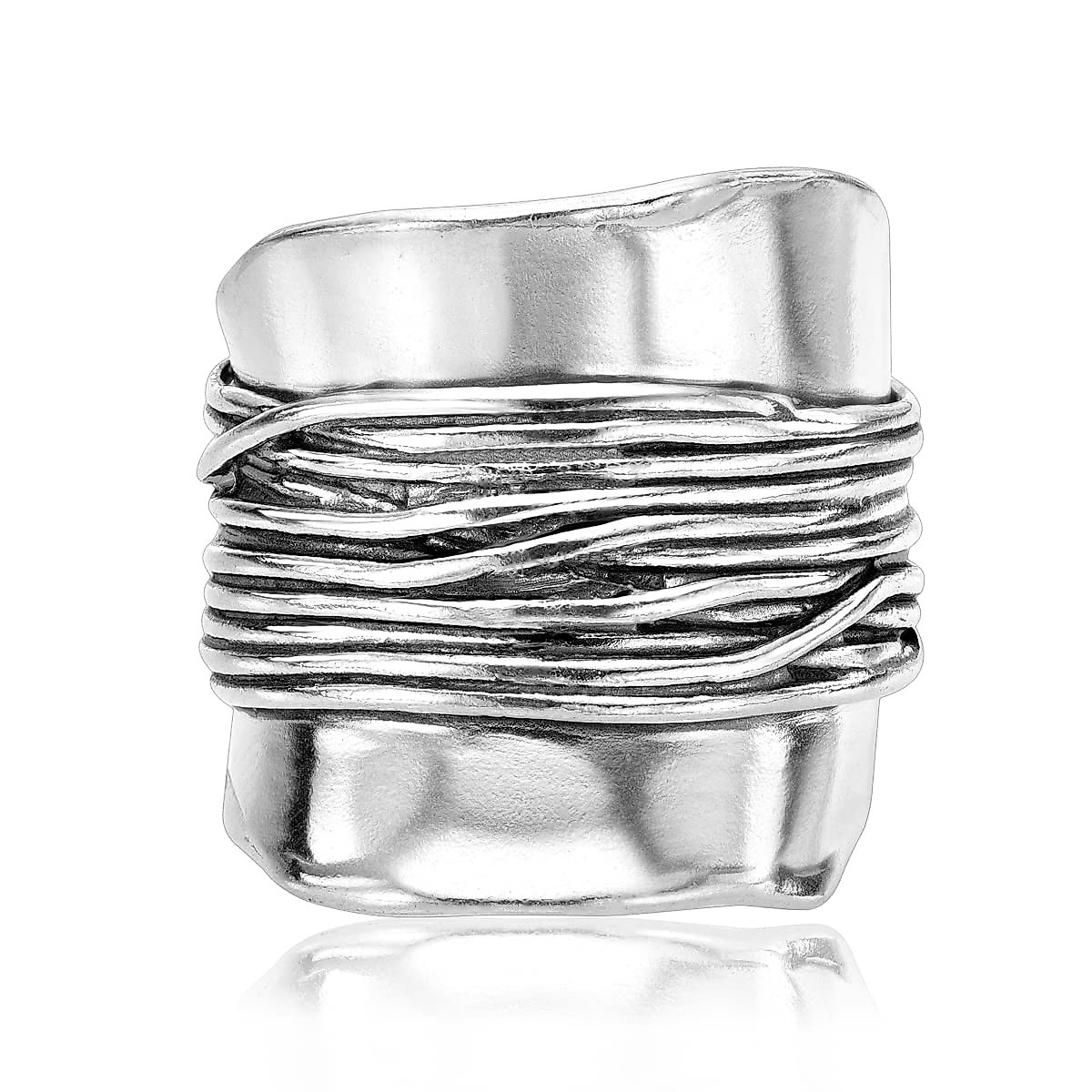 925 Sterling Silver Shield Ring Center Wire Wrap, Textured, Vintage Look Stylish Hypoallergenic, Nickel and Lead-free, Artisan Handcrafted Designer Collection Made in Israel (Size 5-11)