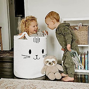 INDRESSME Cute Baby Laundry Basket, Tall Nursery Hamper for Clothes, Towels, Blankets, Kids Toy Storage Basket for Living Room, Bedroom, Cat Basket for Playroom, 16 x 20 inches, White
