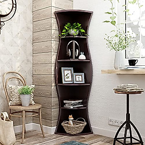 PayLessHere Contemporary Corner Shelf 5 Tier Corner Bookcase Wood Display Shelf for Home Office, Living Room, Bed Room,Walnut