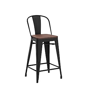 HAOBO Home 24" High Back Barstools Metal Stool with Wooden Seat [Set of 4] Counter Height Bar Stools, Matte Black