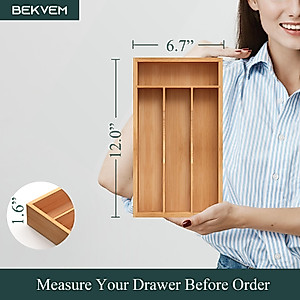 Small Silverware Organizer, Bamboo Kitchen Drawer Organizer, Utensil Holder, Cutlery Tray & Spoon Flatware Storage with Grooved Drawer Dividers