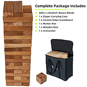 Pointyard 56PCS Giant Tumble Tower [Stack to 5FT+], Carbonized Pine Wooden Tumble Timber Game Set for Teens Adults Family - Classic Stacking Block Party Game with 1 Dice | Scoreboard | Carry Bag
