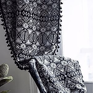 Boho Geometric Semi-Blackout Curtains for Bedroom Farmhouse Room Decor Curtains 2 Panels Black White Burlap Linen Curtains Rod Pocket for Living Room,Tassel,52 x 84 Inches