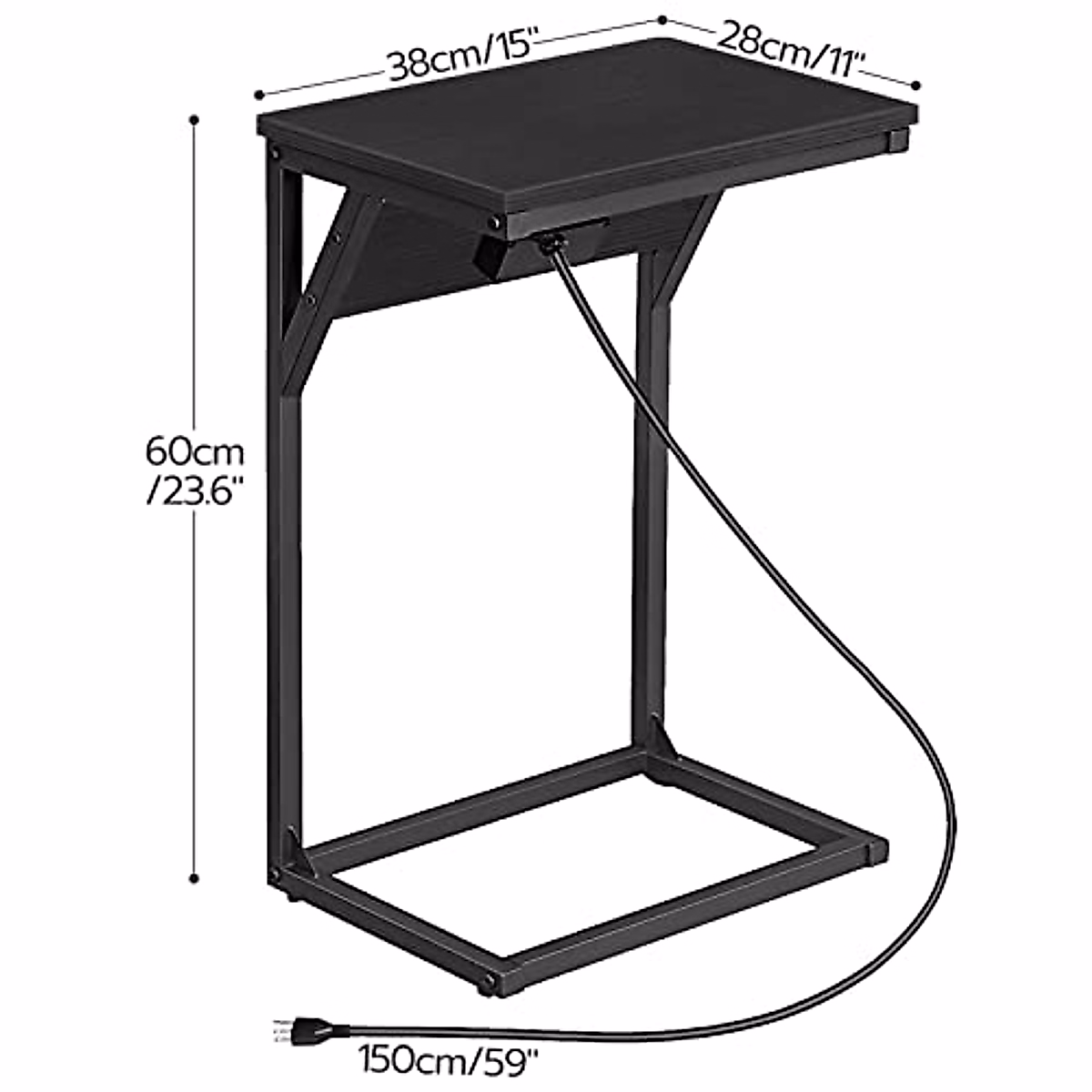 HOOBRO C Shaped End Table with Charging Station, Narrow Sofa Couch Side Table for Small Space, Industrial Bedside Table with Metal Frame for Living Room, Bedroom, Dorm, Black BB06USF01
