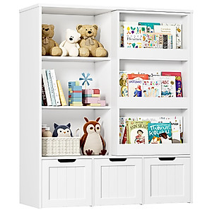 FOTOSOK Toy Storage Organizer with Sliding Book Shelf, Toy Organizers and Storage with 3 Movable Drawers and 6 Storage Cubbies, Playroom Organization and Storage Kids Bookshelf for Playroom, Bedroom